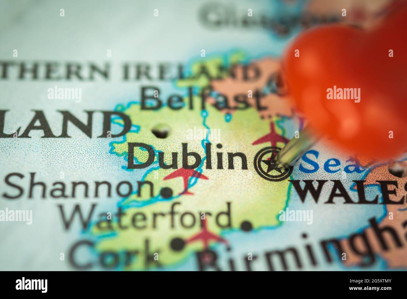 Location Dublin in Ireland, push pin on map closeup, marker of ...