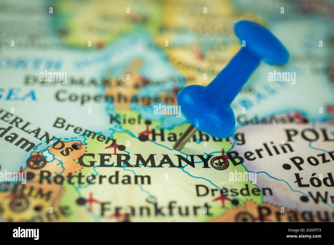 Location Germany, push pin on map closeup, marker of destination for ...