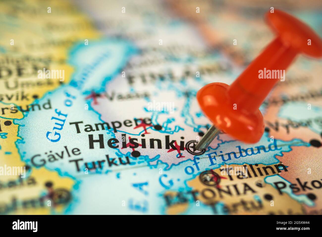 Location Helsinki in Finland, push pin on map closeup, marker of ...