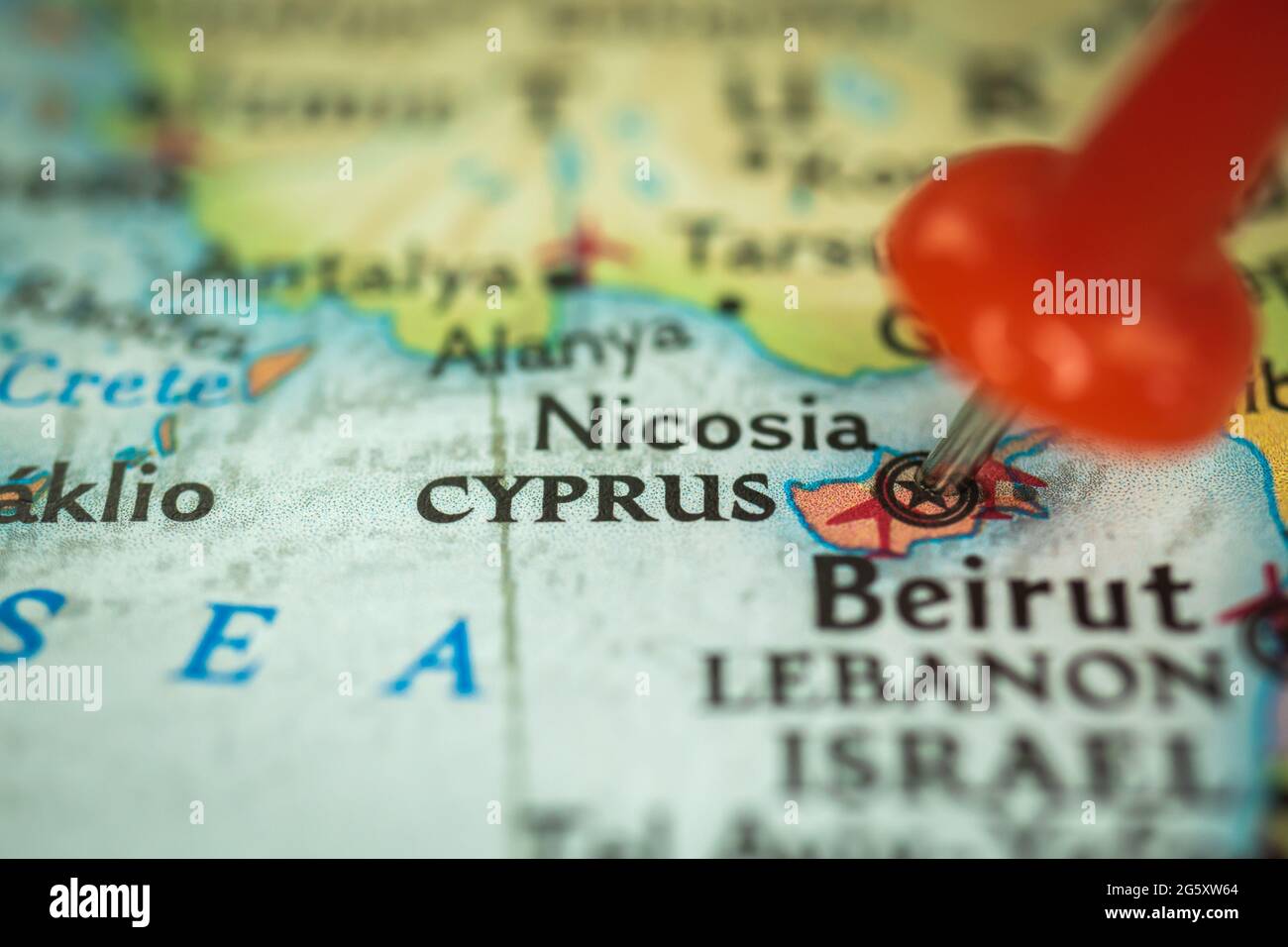 Location Cyprus and Nicosia city, push pin on map closeup, marker of ...