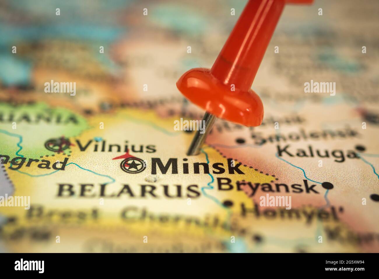 Location Minsk in Belarus, push pin on map closeup, marker of ...