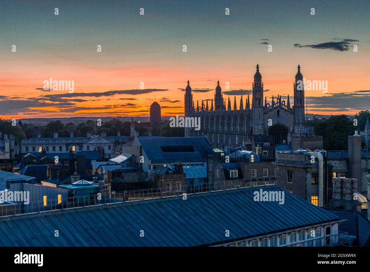 A sunset view over Cambridge featuring King's College Chapel in deep ...