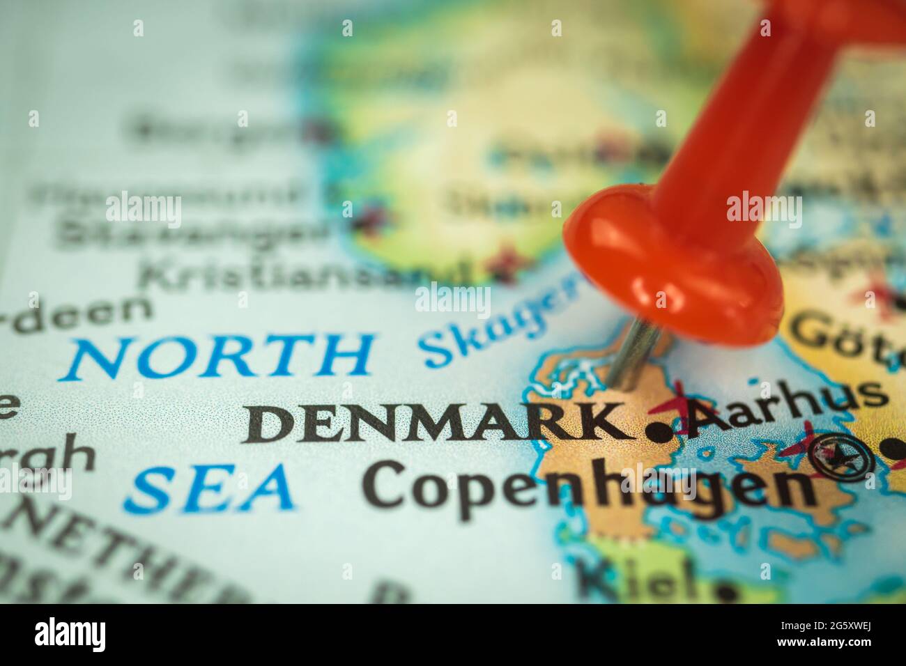 Location Denmark, push pin on map closeup, marker of destination for ...