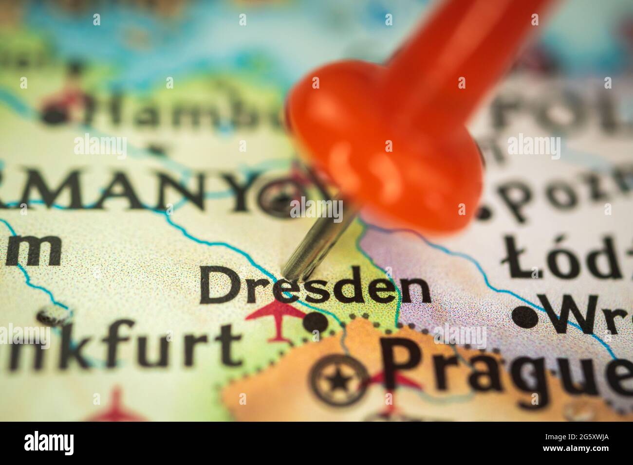 Location Dresden in Germany, push pin on map closeup, marker of ...