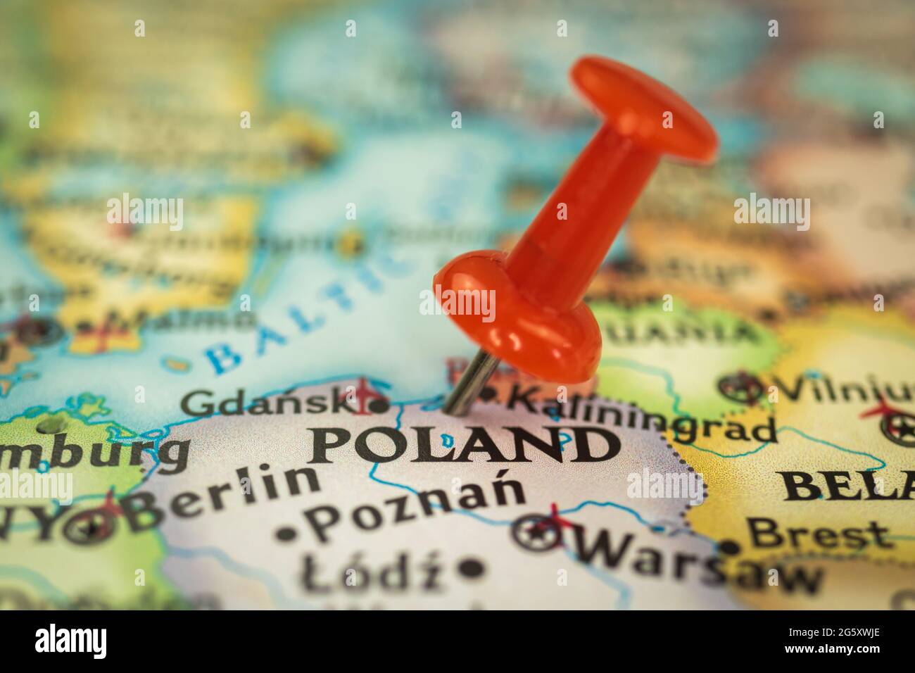Location Poland, push pin on map closeup, marker of destination for ...