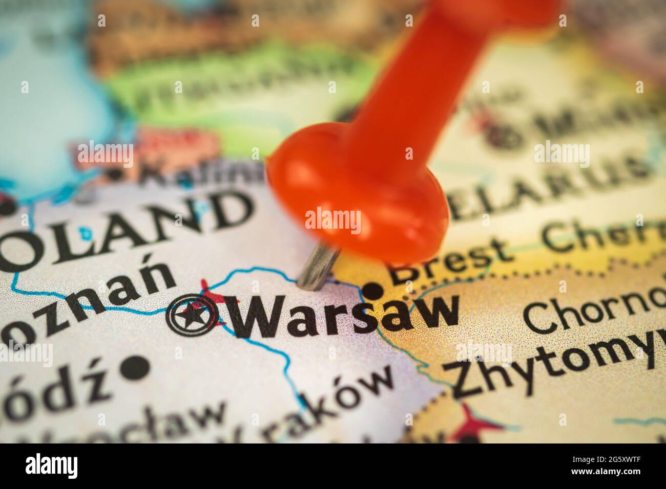 Location Warsaw in Poland, push pin on map closeup, marker of ...