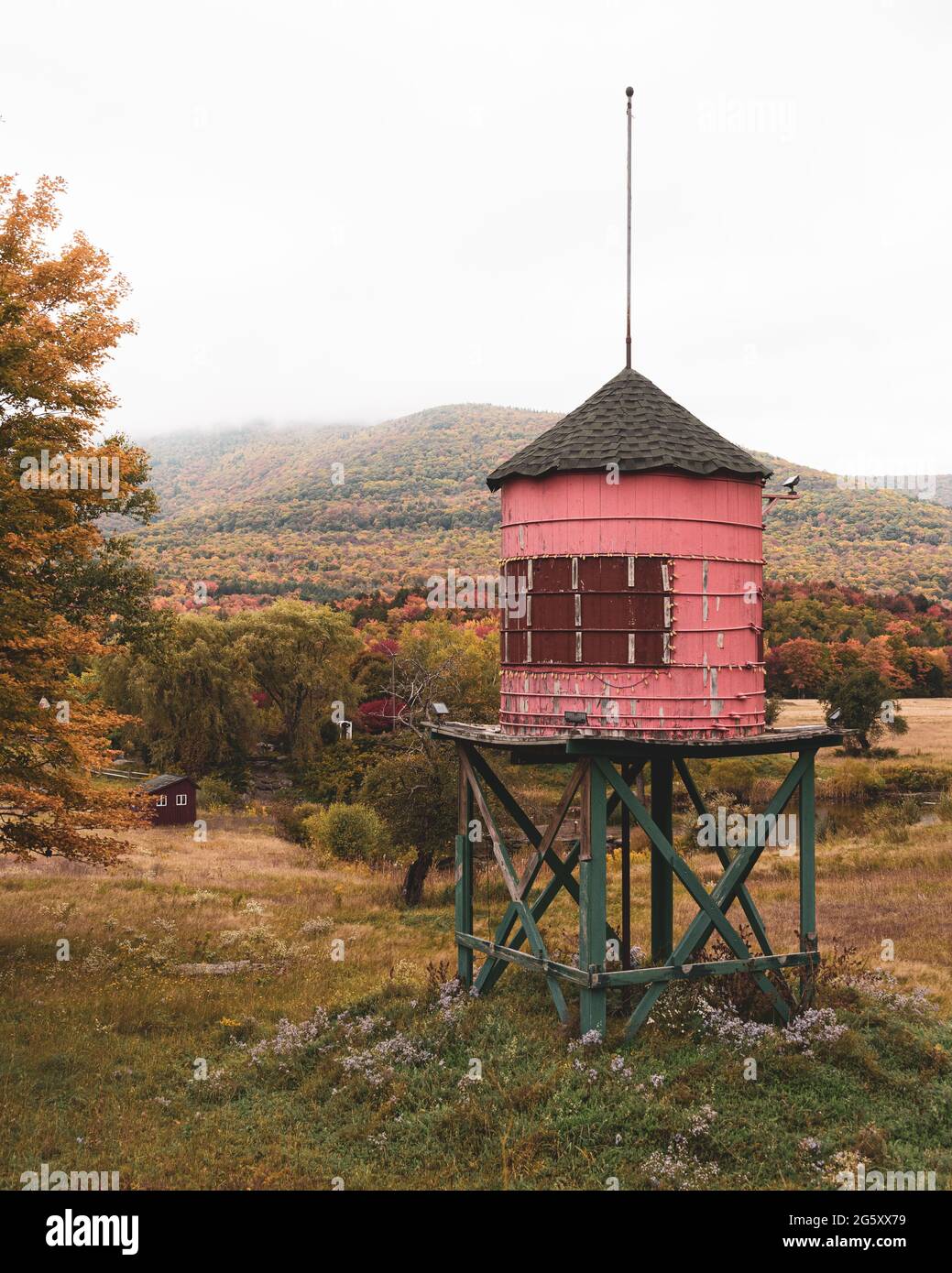 Small red water tower and autumn color, Catskill Mountains, New York ...