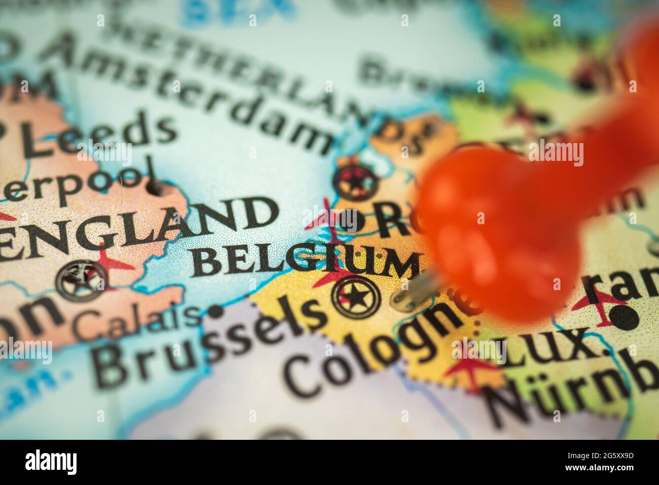 Location Belgium and Brussels, push pin on map closeup, marker of ...