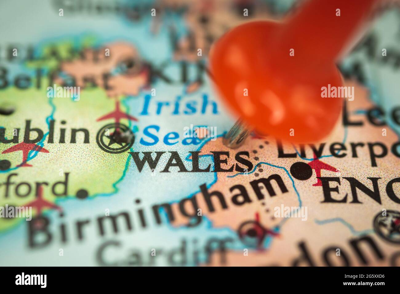 Location Wales, park United Kingdom, push pin on map closeup, marker of ...