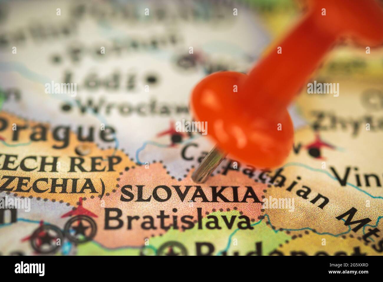 Location Slovakia and Bratislava, push pin on map closeup, marker of ...
