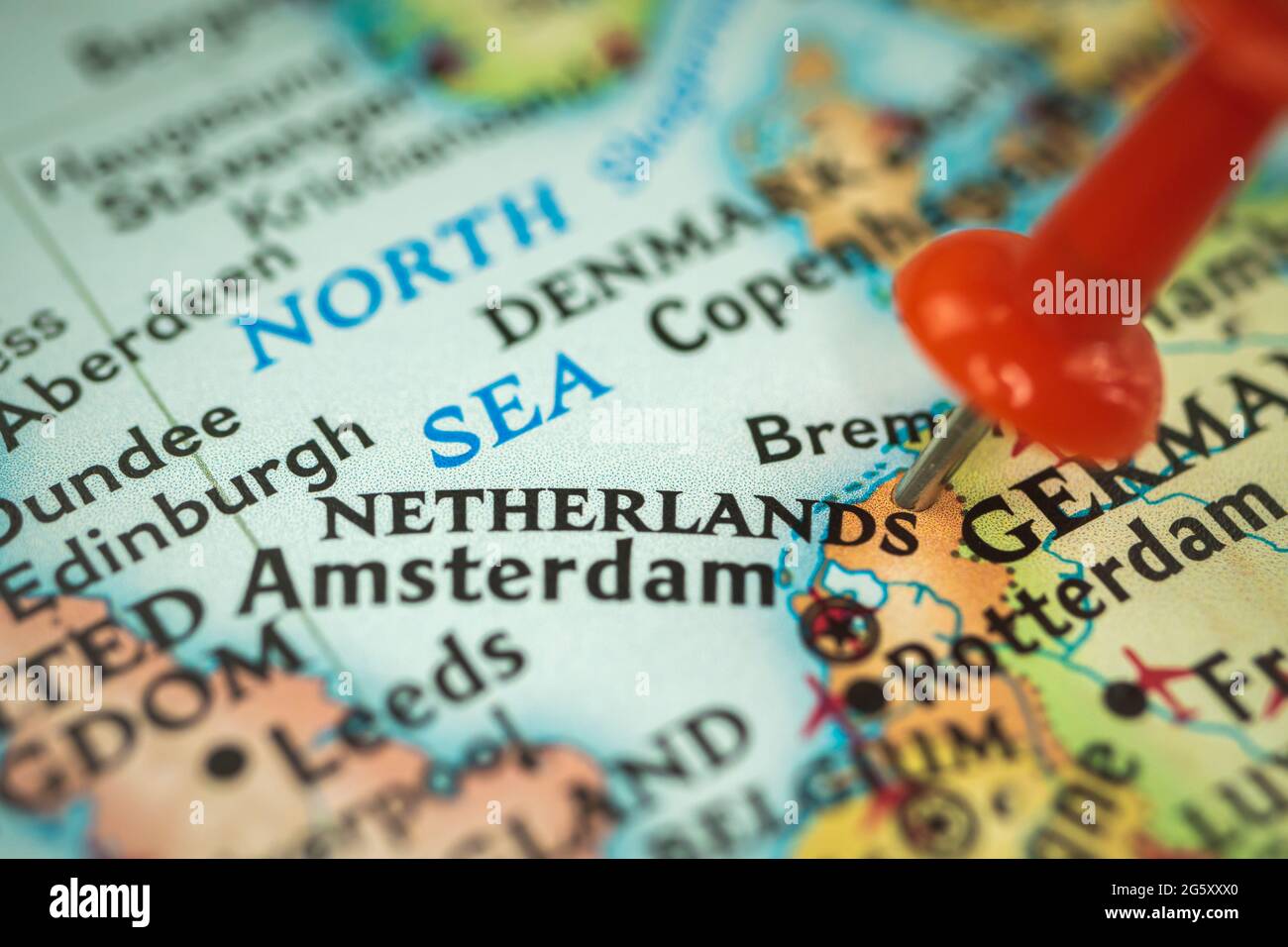 Location Netherlands, push pin on map closeup, marker of destination ...