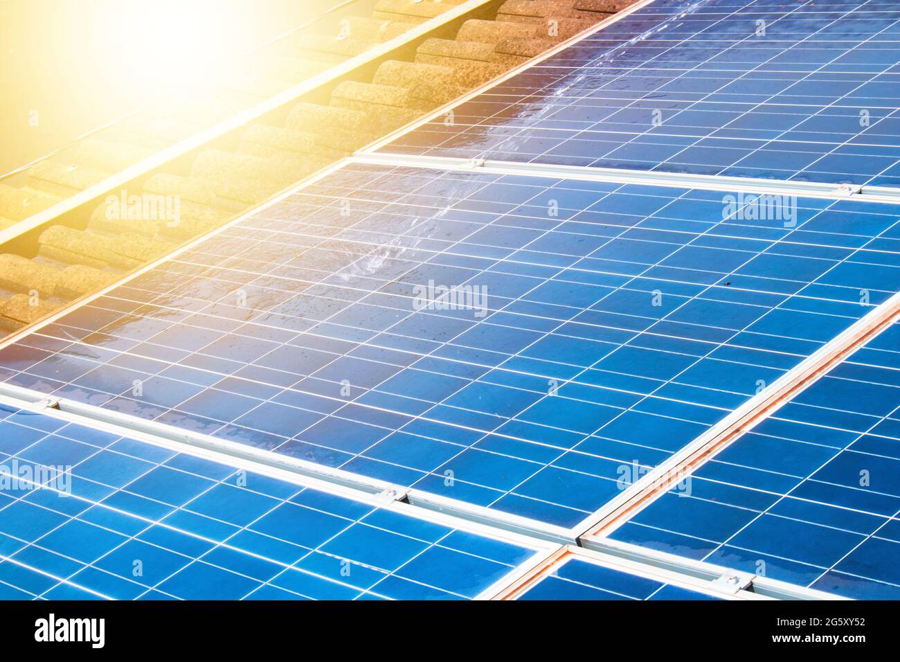 Solar worker cleaning photovoltaic panels with brush and water ...