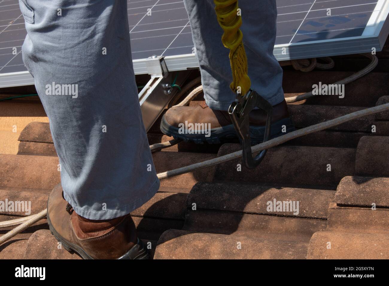 Solar worker cleaning photovoltaic panels with brush and water ...