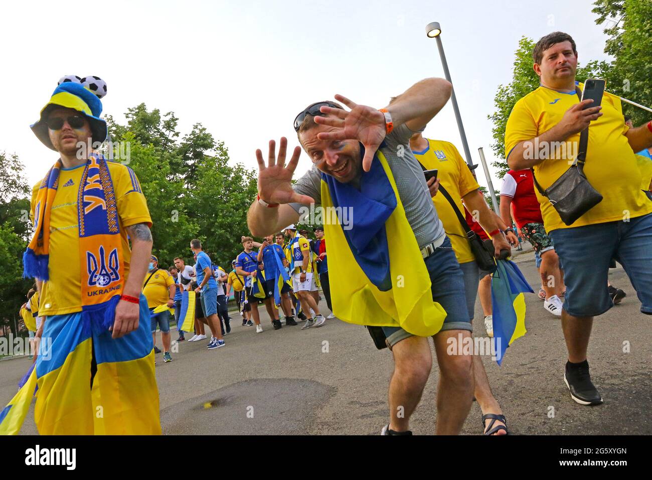 BUCHAREST, ROMANIA - JUNE 21, 2021: Ukrainian football fans have fun on ...