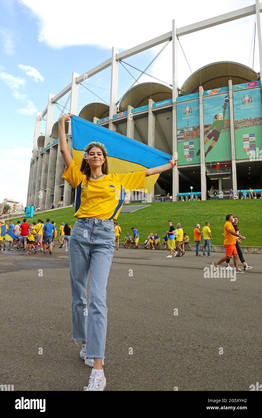 BUCHAREST, ROMANIA - JUNE 21, 2021: Ukrainian football fan poses for a ...