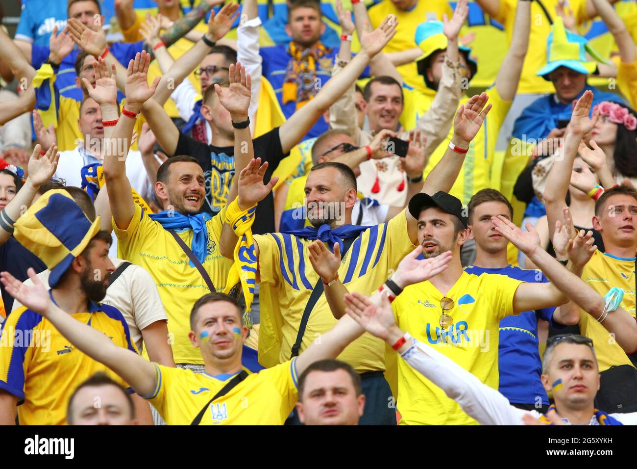 BUCHAREST, ROMANIA - JUNE 21, 2021: Ukrainian fans show their support ...