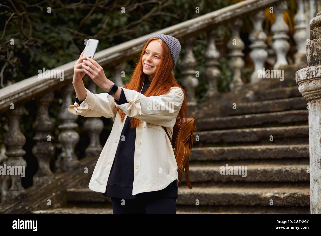 Portrait Of Cute Modern Woman Taking Selfie, Photo On The Background Of ...