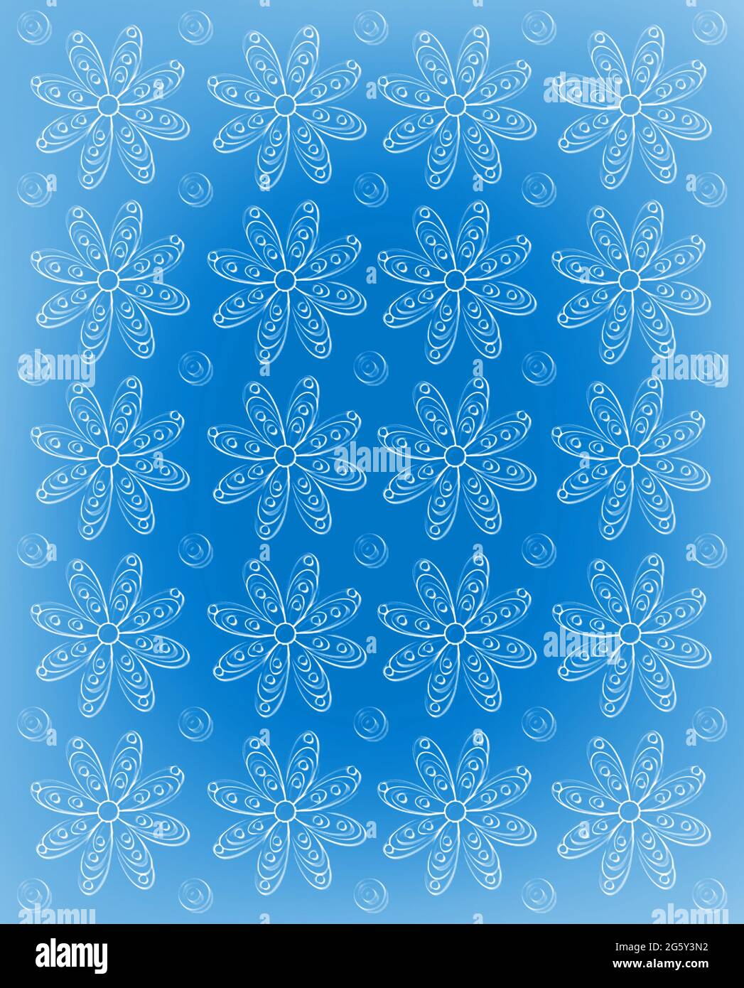 Background image is blue with rows of soft, white daisies. Whispy polka ...