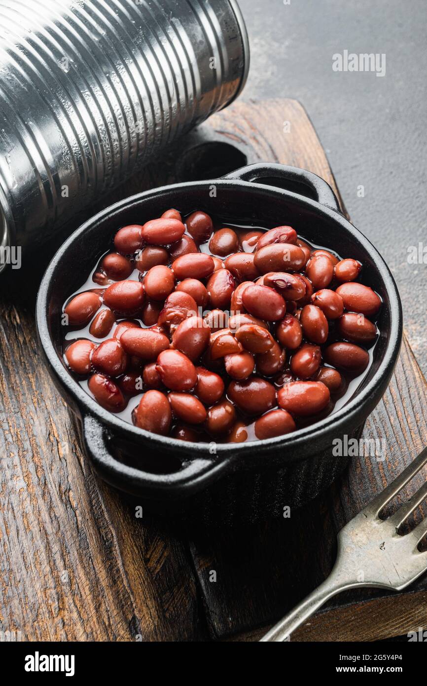 Japanese canned food ingredient, sweet red beans, on old dark rustic ...