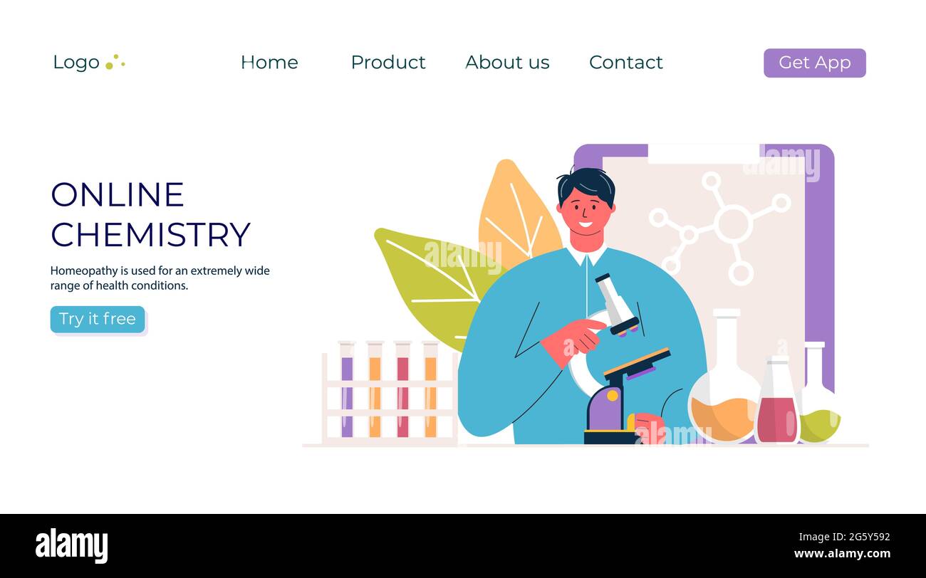 Online education chemistry concept. Man with microscope in lab promo ...