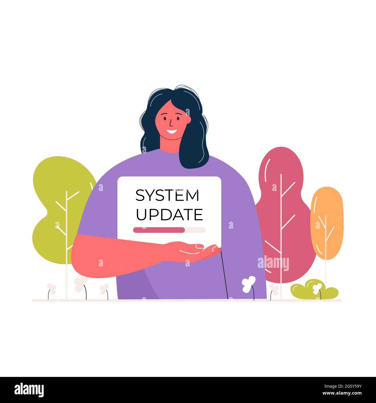 Young woman character holding poster with progress bar. System update ...