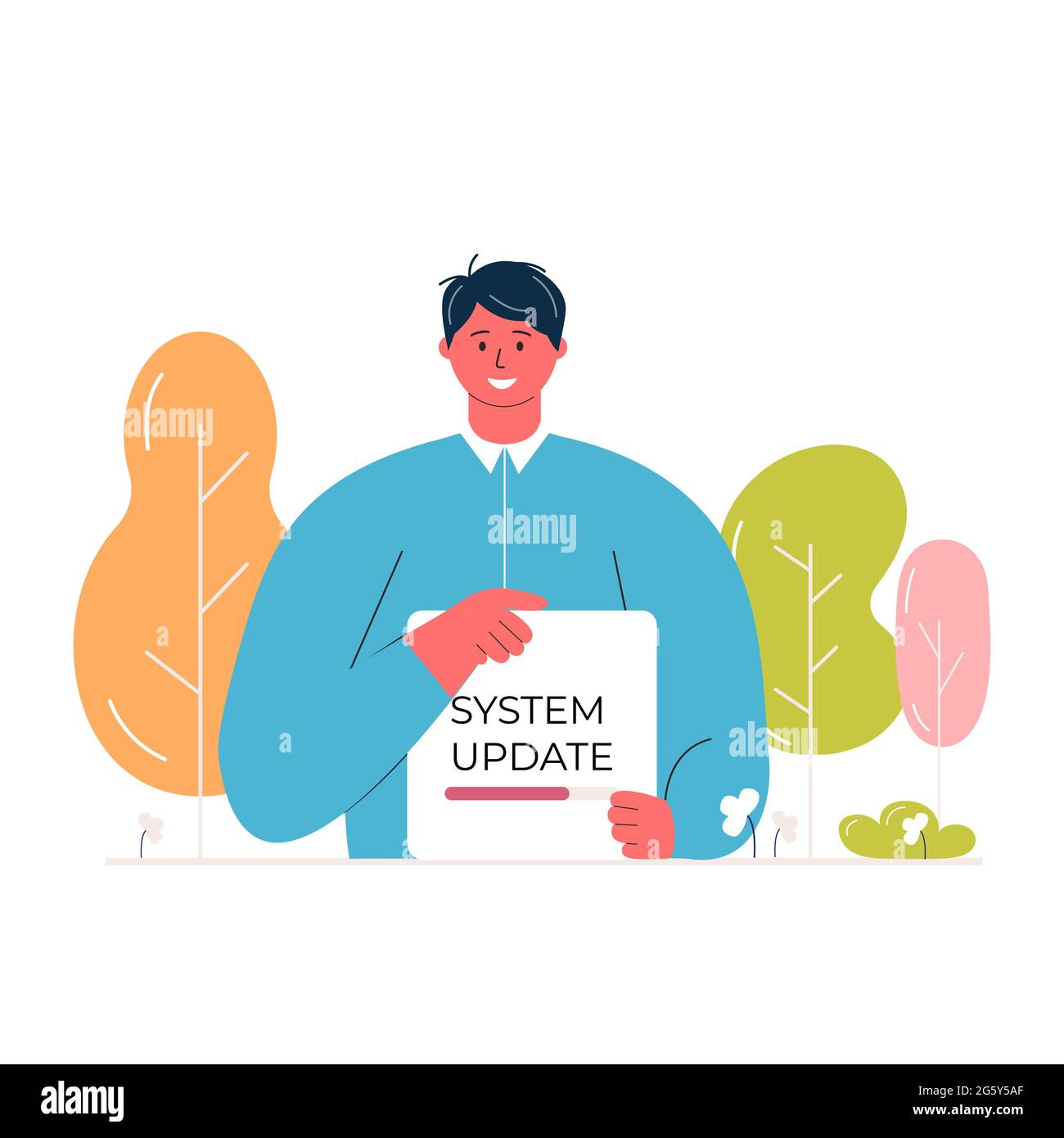 Young male character holding poster with progress bar. System update ...