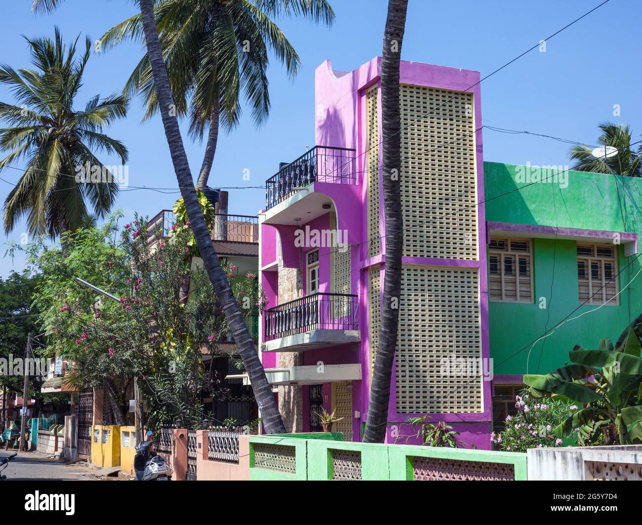 Pink and green pastel coloured art deco style building in Puducherry ...