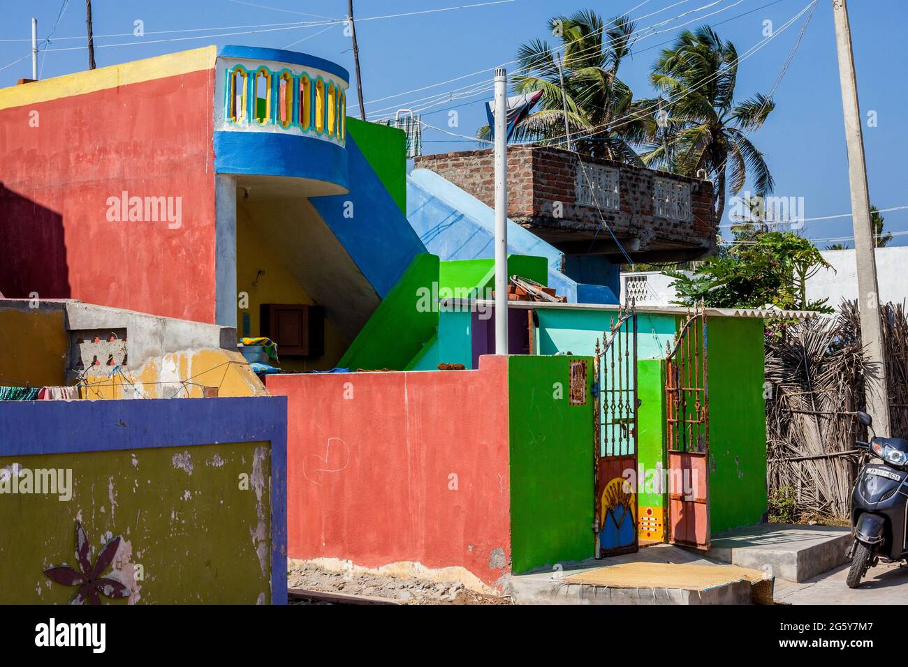 Colourful Indian house painted with bright colours, Puducherry ...