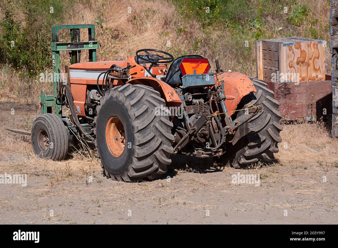 Rural farm tractor fork lift and bins ready for fruit harvesting in ...