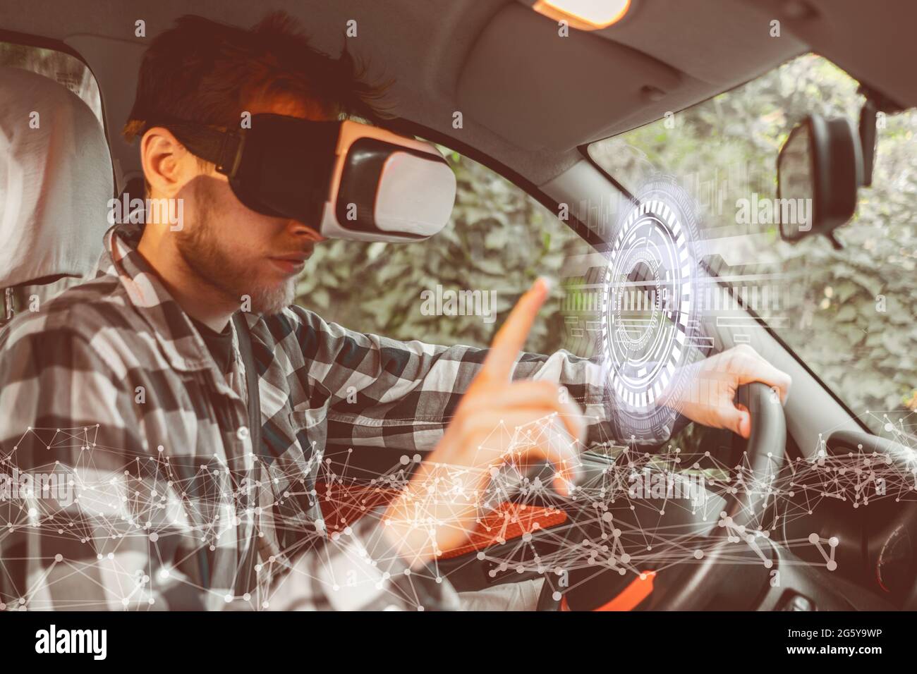 driver using vr glasses in his car,future driving concept Stock Photo ...