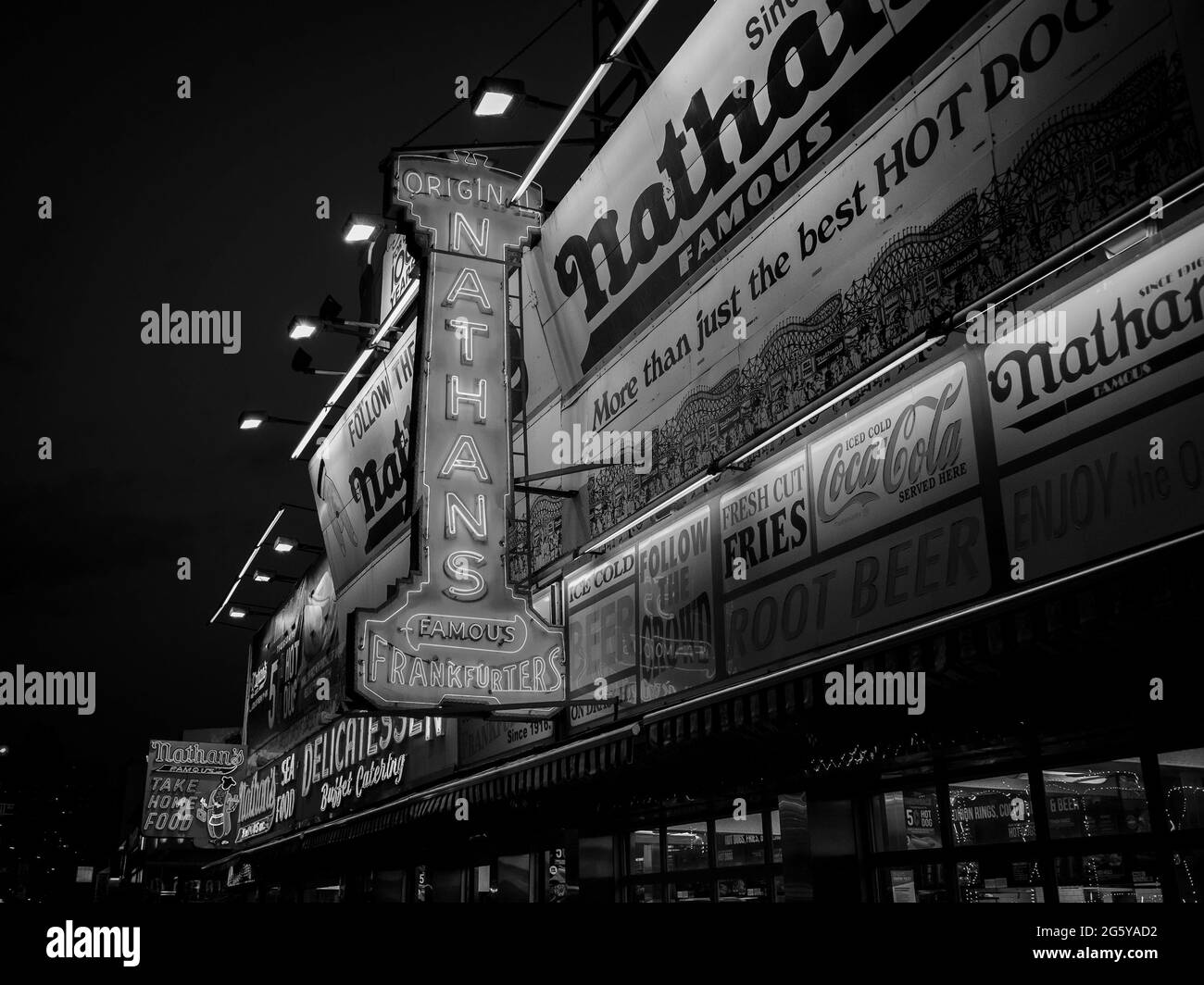 Nathans neon signs at night, in Coney Island, Brooklyn, New York City ...