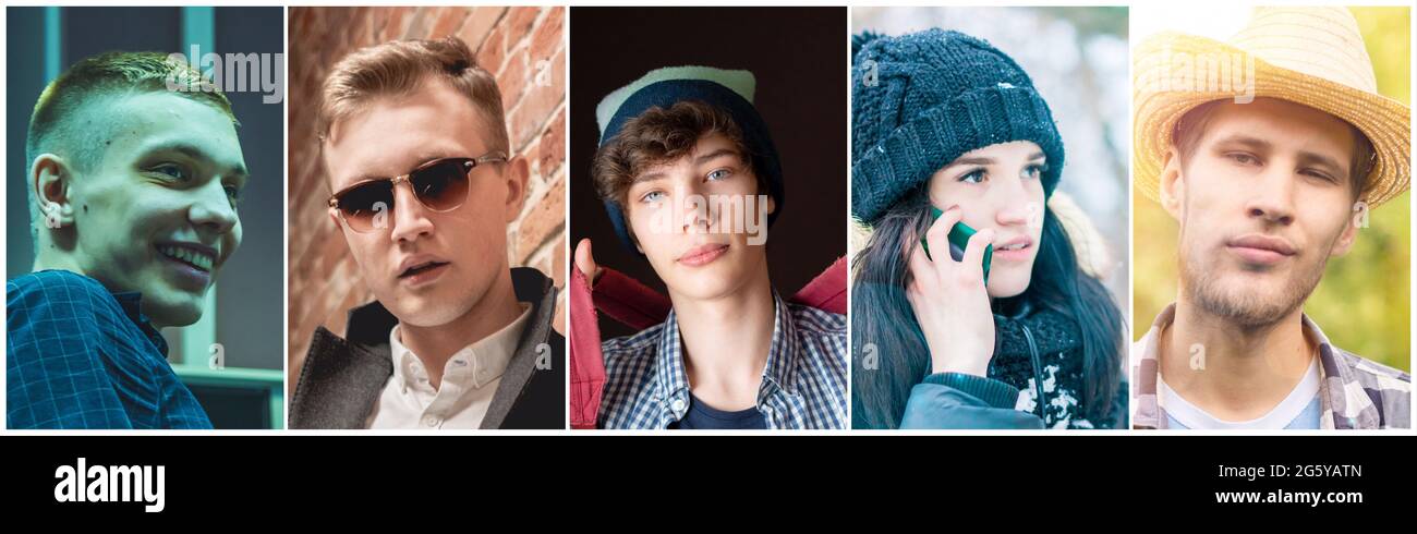 collage of portraits of five smiling people Stock Photo - Alamy