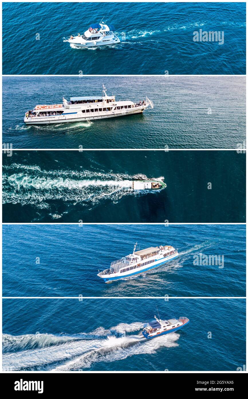 collage of five views of aerial ships boats and yachts on the sea Stock ...