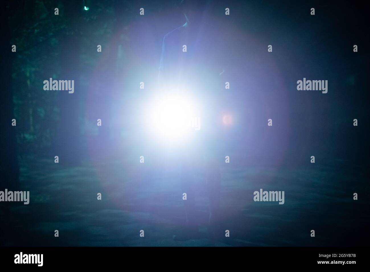 strong hand light torch ray stroke in your face at night Stock Photo ...