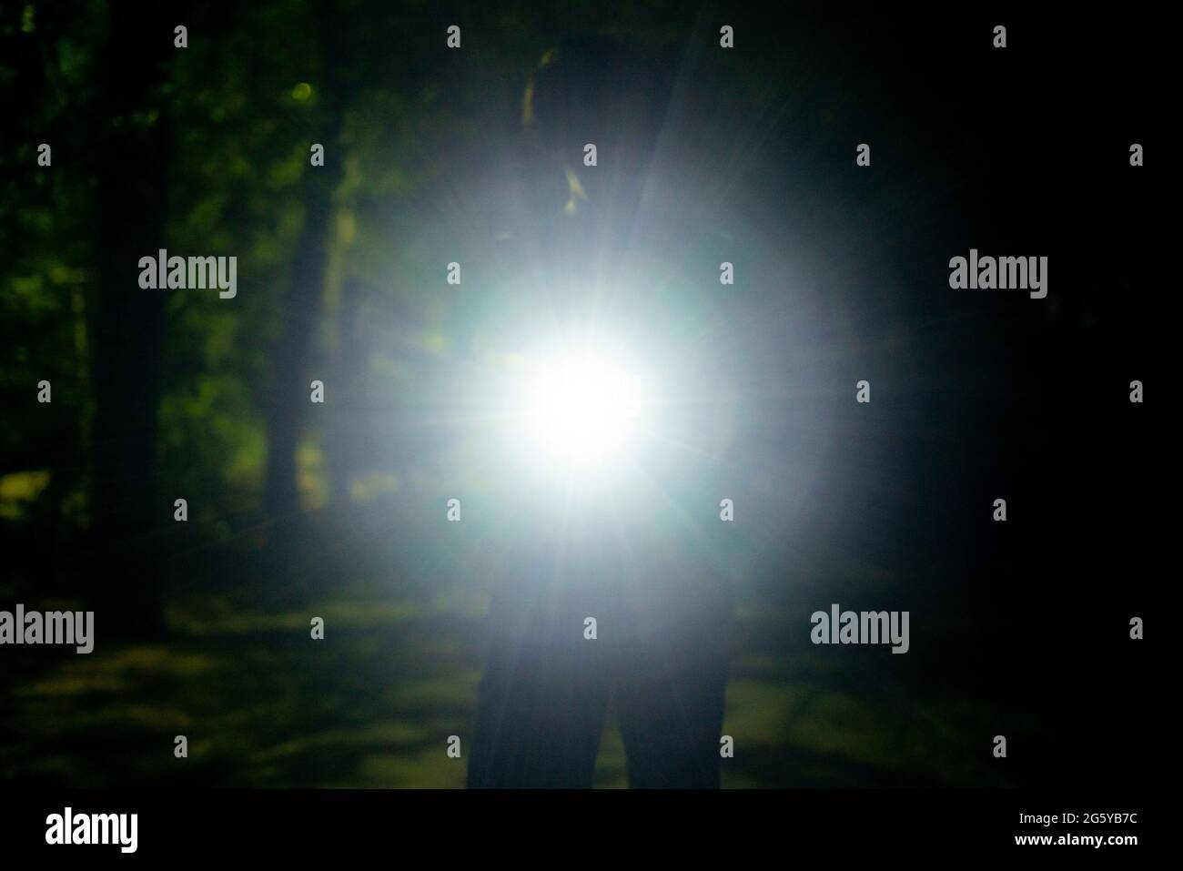 strong hand light torch ray stroke in your face at night Stock Photo ...