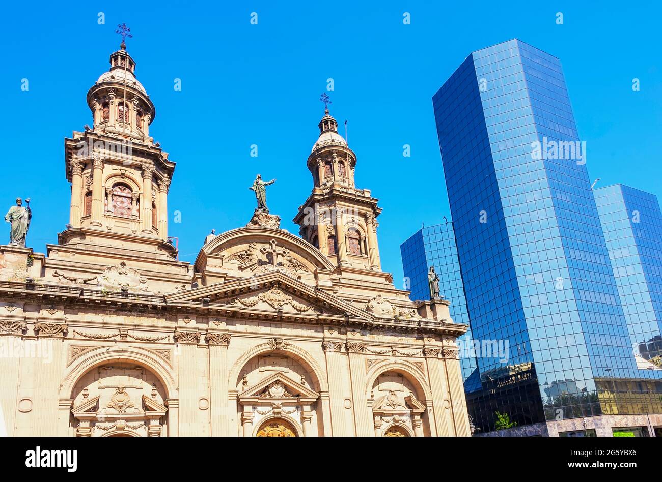 Metropolitan Cathedral and downtown modern buildings, Santiago de Chile ...