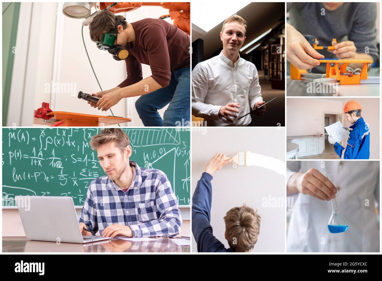 collage of five photos of people working at their daily professional ...