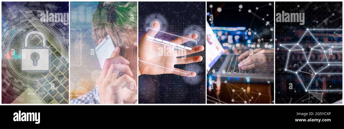 collage of five photos of modern new smart technologies theme Stock ...