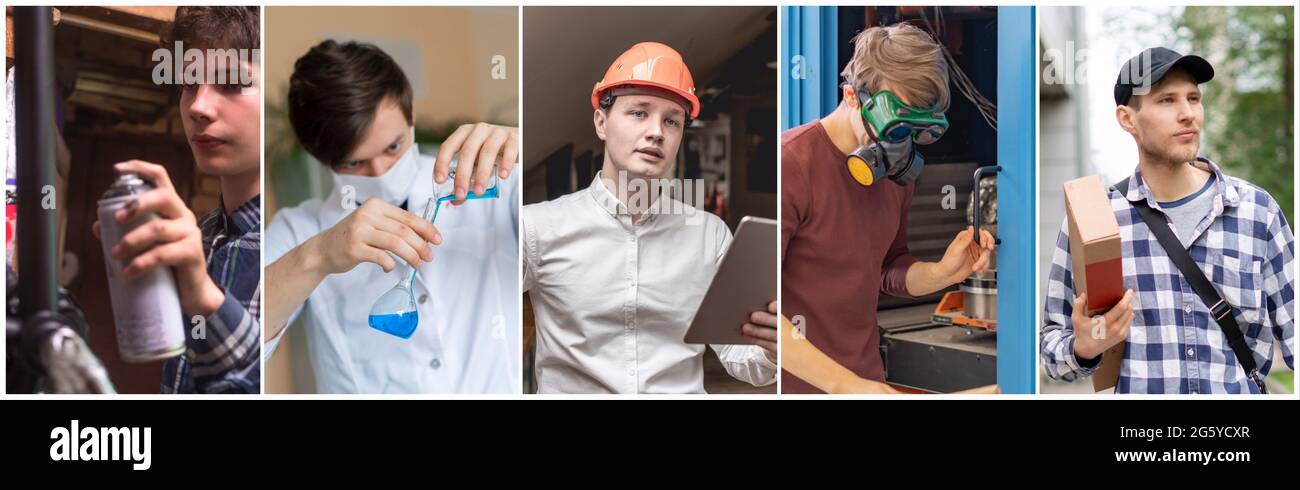 collage of five photos of people working at their daily professional ...
