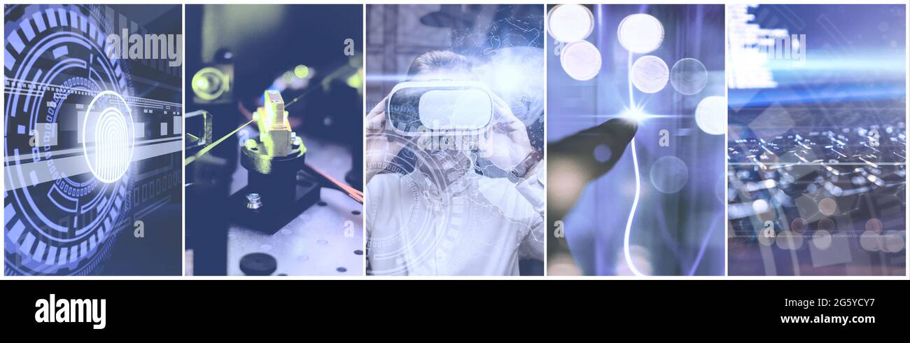 collage of five photos of modern new smart technologies theme Stock ...