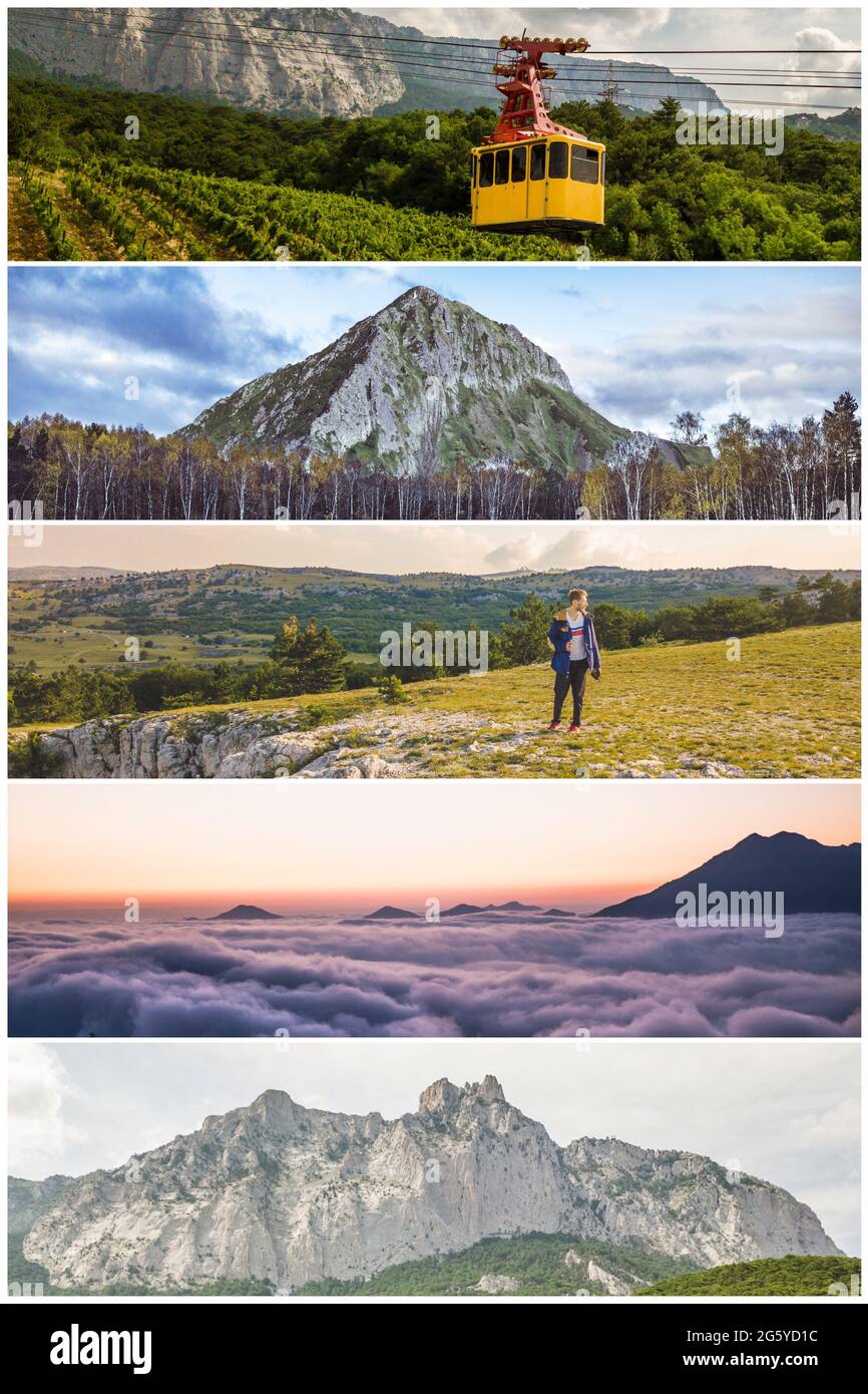 collage of five photos of mountain aerial landscapes scenery Stock ...
