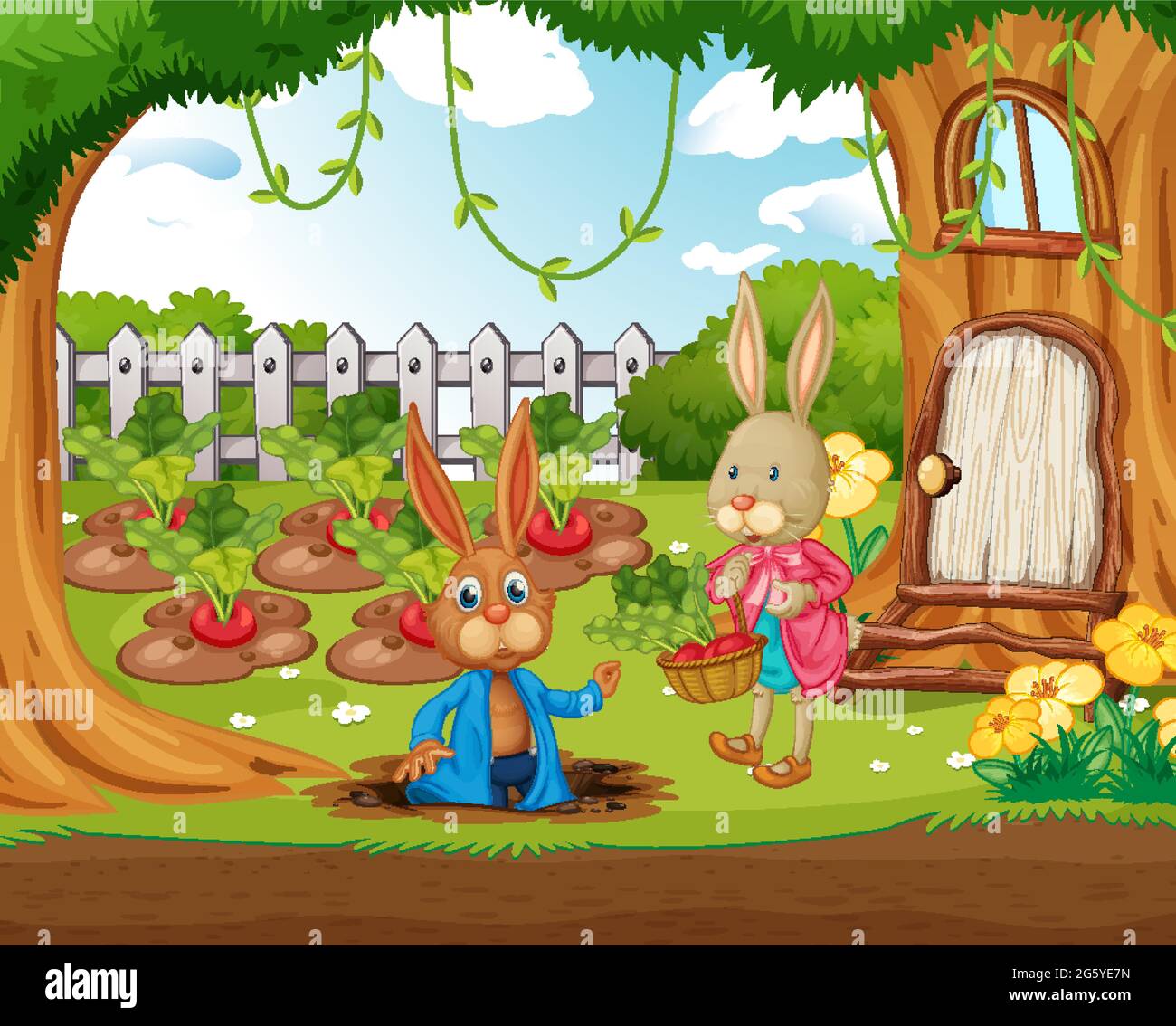 Outdoor scene with many happy rabbits in the garden illustration Stock ...