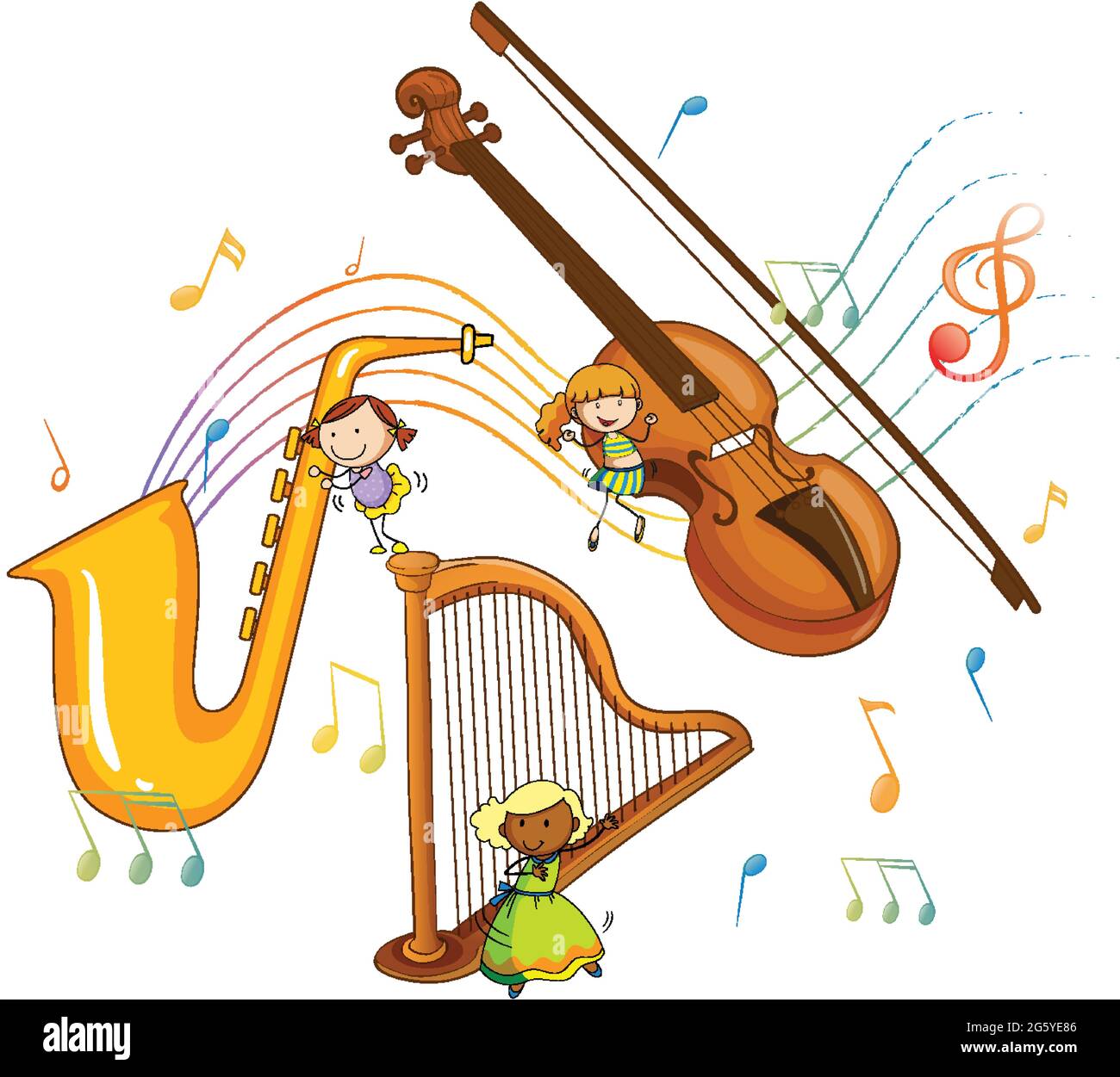 Set of musical instrument with melody symbols isolated illustration ...
