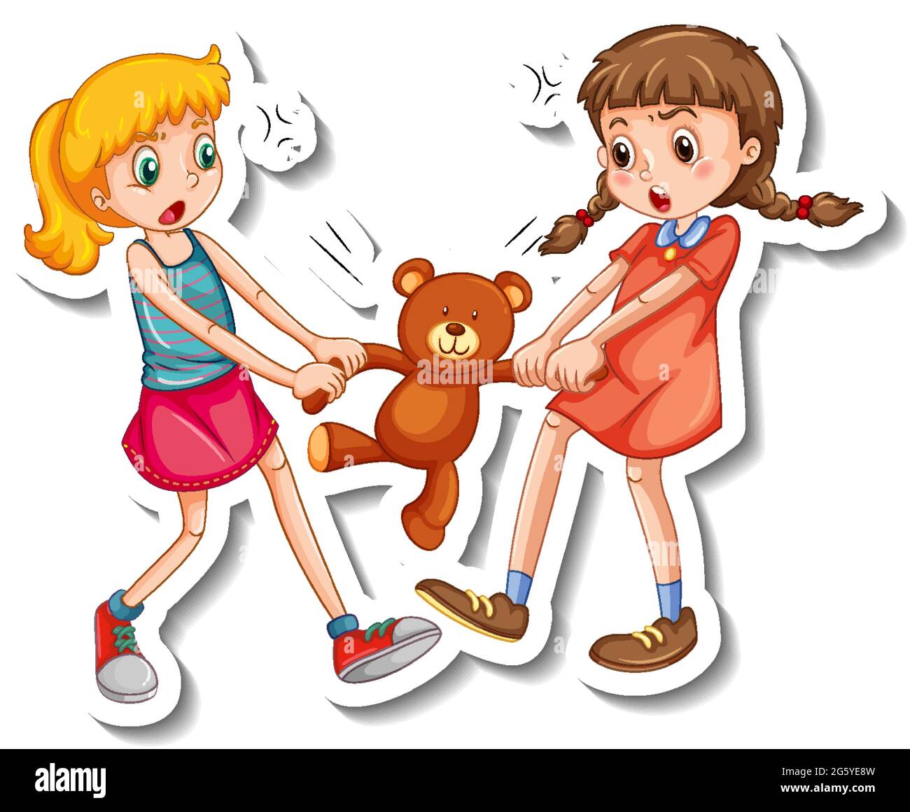 Sticker template with two girls fighting over a teddy bear on white ...