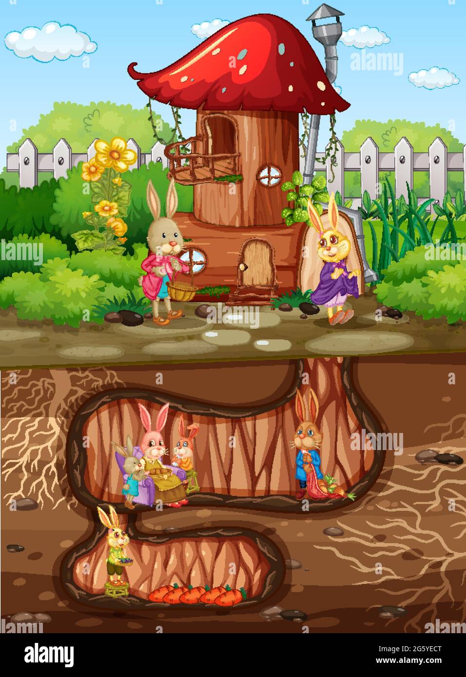 Underground rabbit hole with ground surface of the garden scene ...