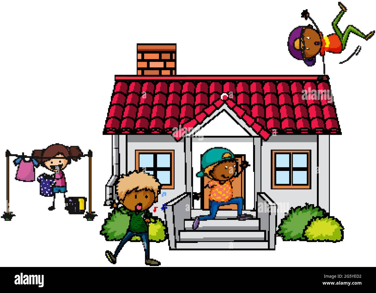 Many kids doing different activities around the house illustration ...