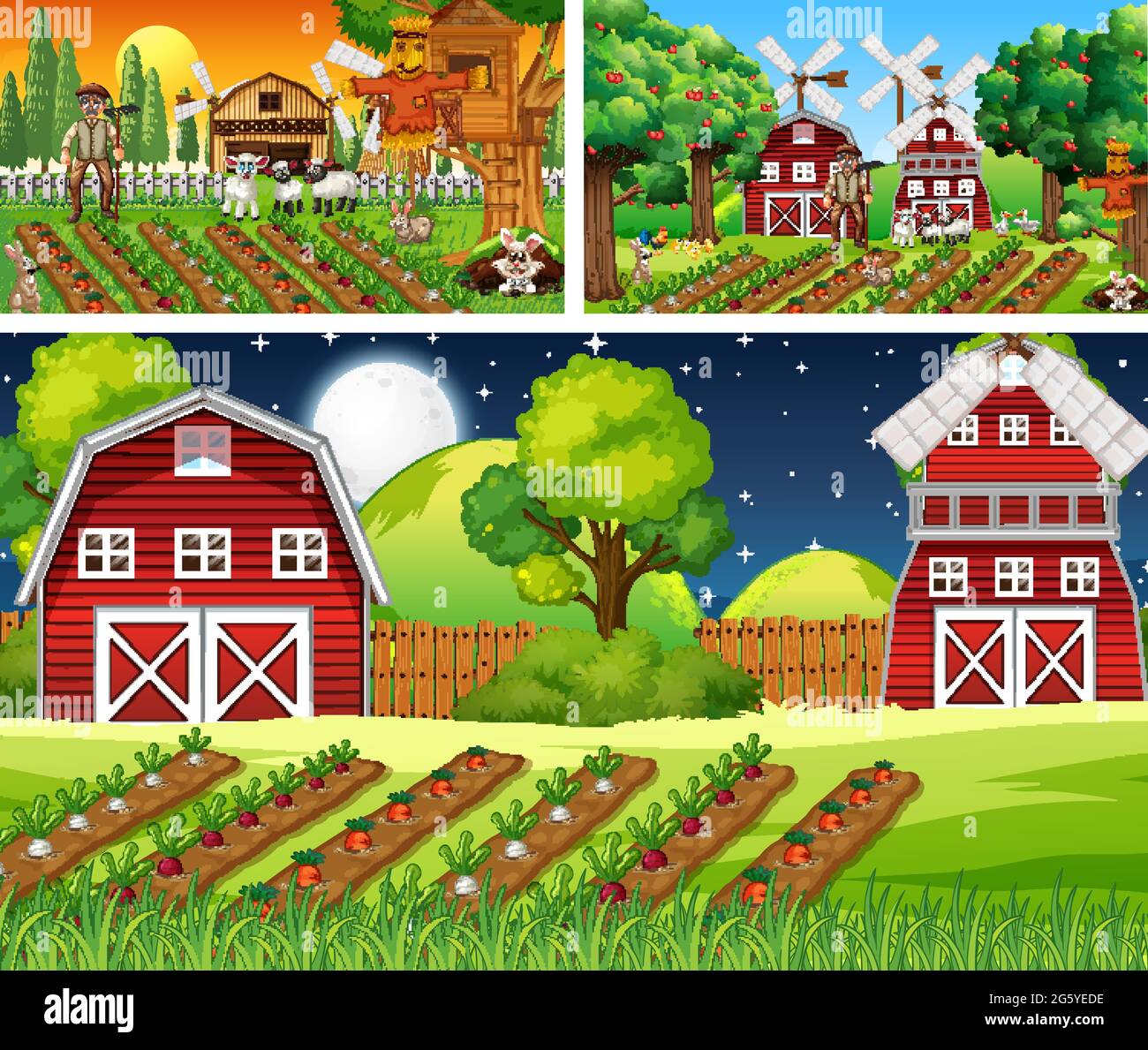 Different farm scenes with old farmer and animal cartoon character ...