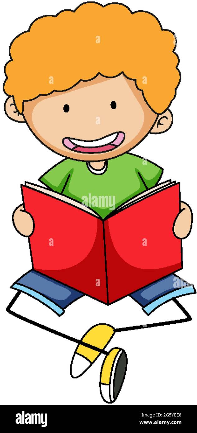 Cute boy reading book doodle cartoon character illustration Stock ...