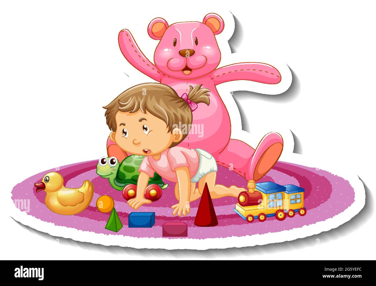 Sticker template with a baby girl playing with her toys isolated ...