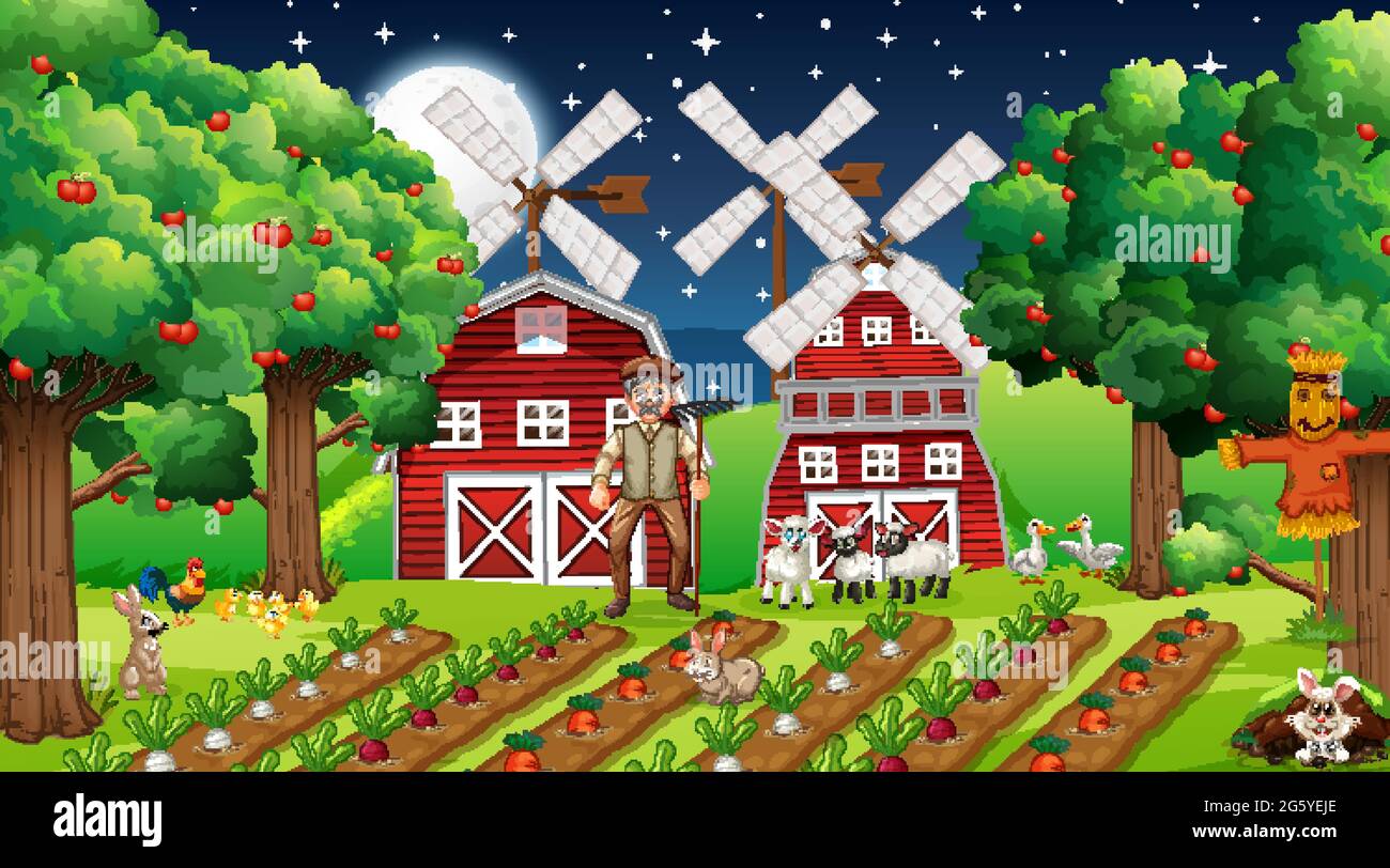 Farm scene at night with old farmer man and cute animals illustration ...